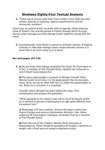 Nineteen Eighty-Four Textual Analysis | Teaching Resources