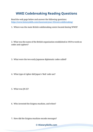 WWII Codebreaking Reading Questions Worksheet | Teaching Resources