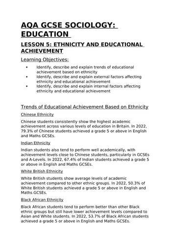 AQA GCSE Sociology Education Lesson 5: Ethnicity and Educational ...