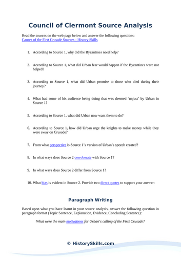 Urban's Speech at the Council of Clermont Source Analysis Worksheet ...