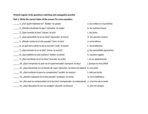 Preterit regular verbs questions matching and conjugation practice ...