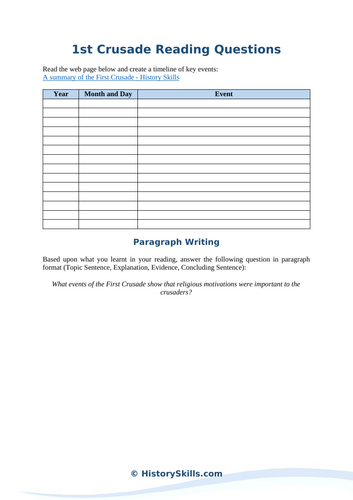 First Crusade Reading Worksheet | Teaching Resources