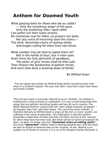 GCSE ENGLSISH LITERATURE poetry anlaysis " Anthem for Doomed Youth ...