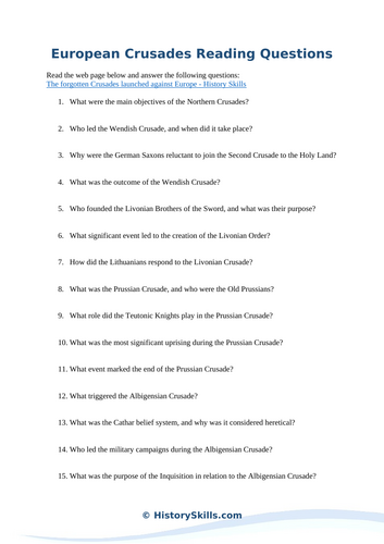 European Crusades Reading Questions Worksheet | Teaching Resources