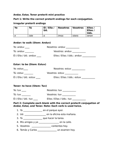 Andar, Estar, Tener preterit mini practice | Teaching Resources
