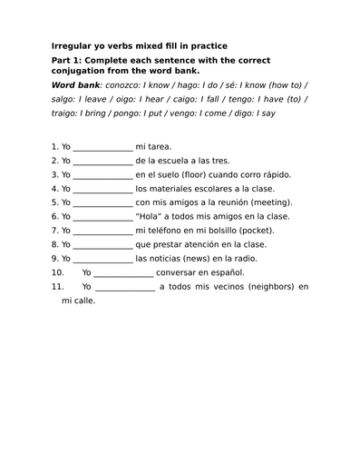 Irregular yo verbs mixed fill in practice (Present tense) | Teaching ...