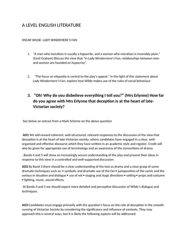 Oscar Wilde "Lady Windermere's Fan" A Level English Literature essay ...