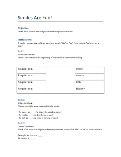 Similes Worksheet Year 4 | Teaching Resources