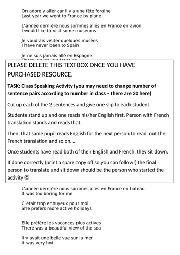 French Holidays (Vacances) Starters, Speaking, Translations | Teaching ...