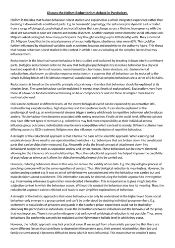 Holism Reductionism Issues and Debates Essay 16 Mark Model Answer AQA ...