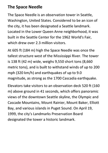 The Space Needle Handout | Teaching Resources