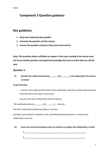 Drama Eduqas Component 3 Question booklet | Teaching Resources