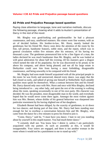 CIE A2 Pride and Prejudice Vol 1 ch 3 to 10 12x passage based questions ...