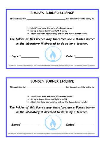 Year 7 - Introduction L3 - Bunsen burner certificates | Teaching Resources
