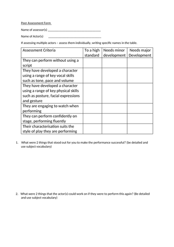 KS4 drama peer assessment form | Teaching Resources