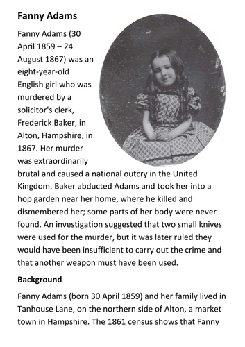 The murder of Fanny Adams Handout | Teaching Resources