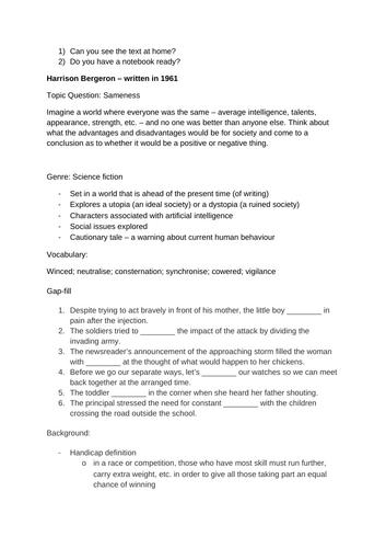 Harrison Bergeron study guide | Teaching Resources