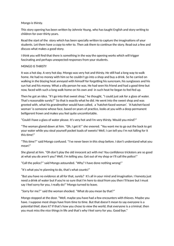 Mongo is thirsty. Continue the story. 10 year olds. | Teaching Resources