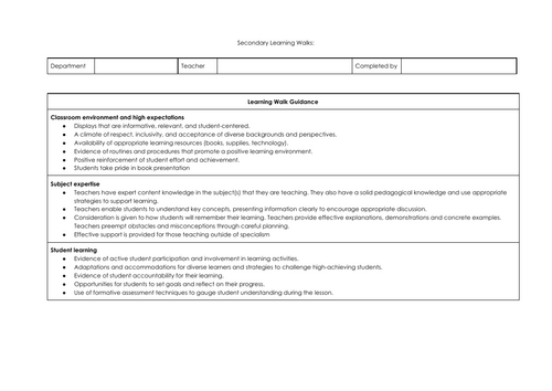 Learning Walk Guidance and Observation Template | Teaching Resources