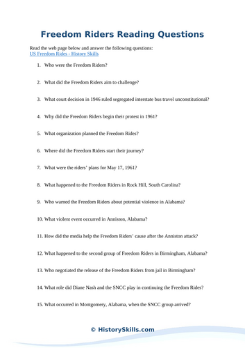 U.S. Freedom Riders Reading Questions Worksheet | Teaching Resources