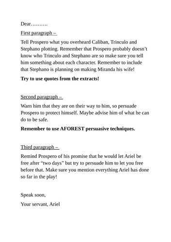 Writing a letter to Prospero from Ariel | Teaching Resources