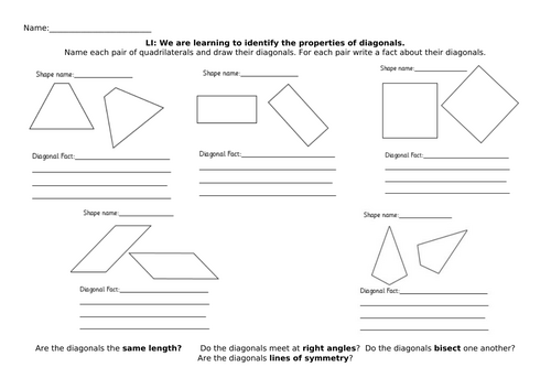 Properties of Diagonals Worksheet | Teaching Resources