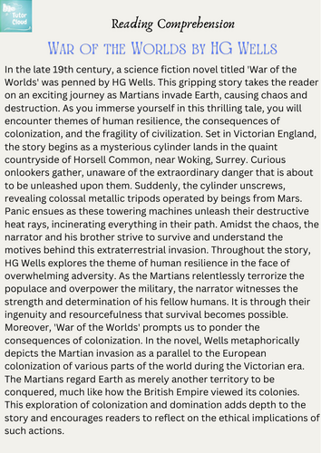 War of the Worlds by H.G Wells Reading Comprehension | Teaching Resources