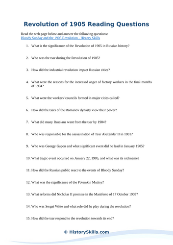 Revolution of 1905 Reading Questions Worksheet | Teaching Resources