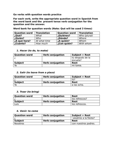 Go verbs with question words practice | Teaching Resources