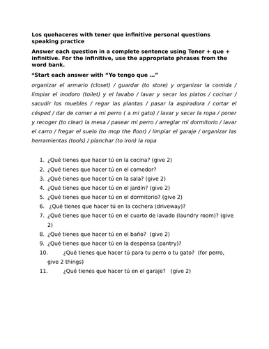 Los quehaceres with tener que infinitive personal questions speaking ...