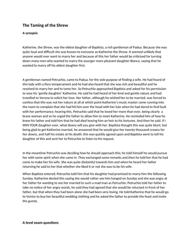 A LEVEL ENGLISH LITERATURE essay questions "The Taming of the Shrew ...