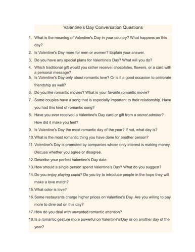 C1 Valentine's Discussion Questions | Teaching Resources