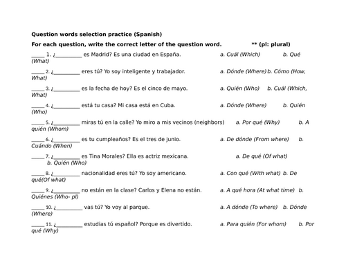Question words selection practice (Spanish) | Teaching Resources