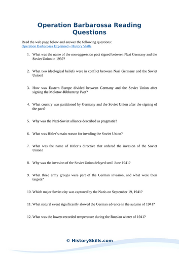 Operation Barbarossa Reading Questions Worksheet | Teaching Resources