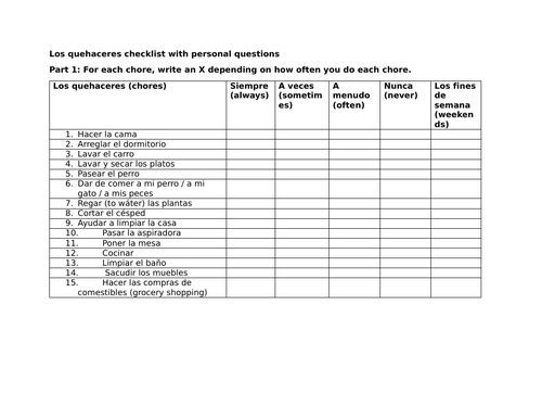 Los quehaceres checklist with personal questions (Present tense ...