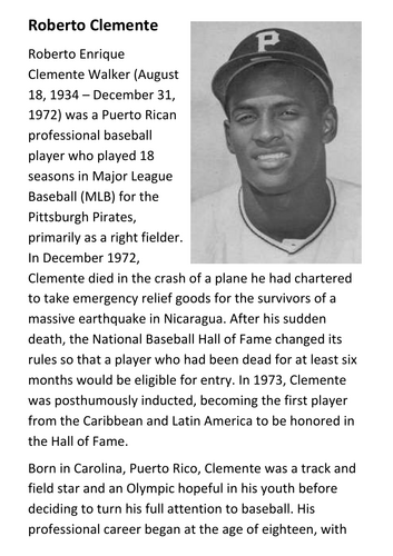 Roberto Clemente Handout | Teaching Resources