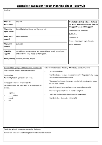 Beowulf - Newspaper Report Planning Sheet | Teaching Resources