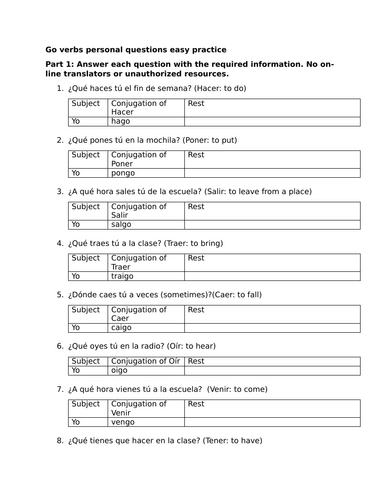Go verbs personal questions easy practice | Teaching Resources
