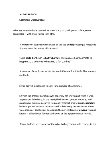A LEVEL FRENCH revision sheet Examiners Observations | Teaching Resources
