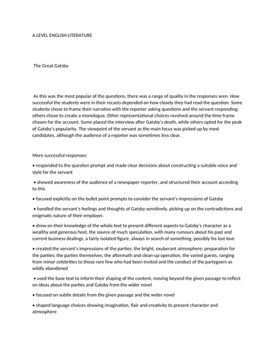 A LEVEL ENGLISH LITERATURE "The Great Gatsby" examination questions ...