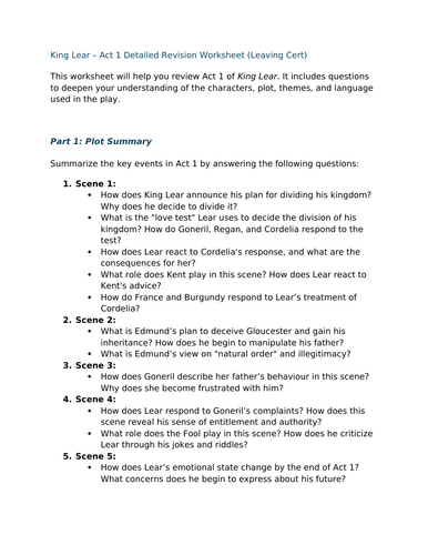 Act 1 King Lear Revision Worksheet | Teaching Resources