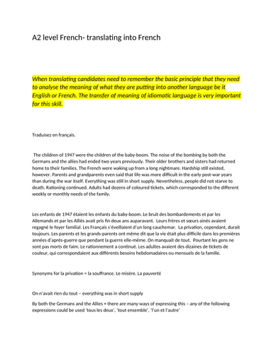 A LEVEL FRENCH revision aid on translating exercises: examples provided ...