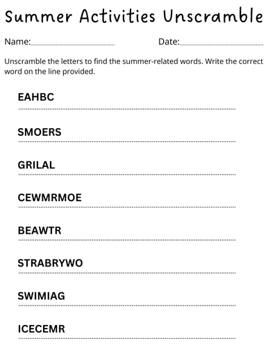 summer unscramble worksheet answers | Teaching Resources