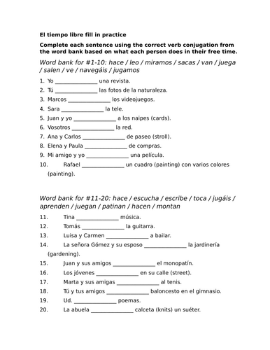 El tiempo libre fill in practice | Teaching Resources