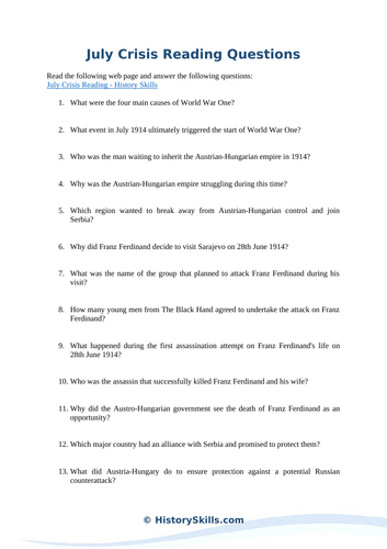 July Crisis Reading Questions Worksheet | Teaching Resources