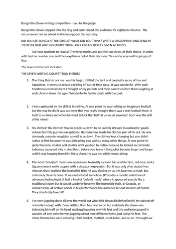 Bongo the Clown writing competition – you be the judge. | Teaching ...