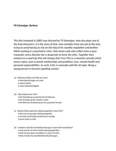 A LEVEL GERMAN REVISION "Barfuss" | Teaching Resources