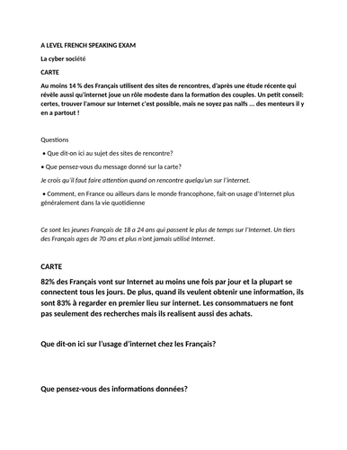 A LEVEL FRENCH revision La cyber societe - speaking exam | Teaching ...