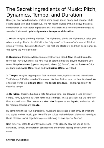 KS3 Music Cover - Pitch, Dynamics, Tempo, and Duration | Teaching Resources