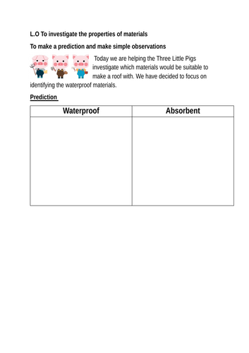 KS1 waterproof or absorbent science investigation Three Little Pigs ...